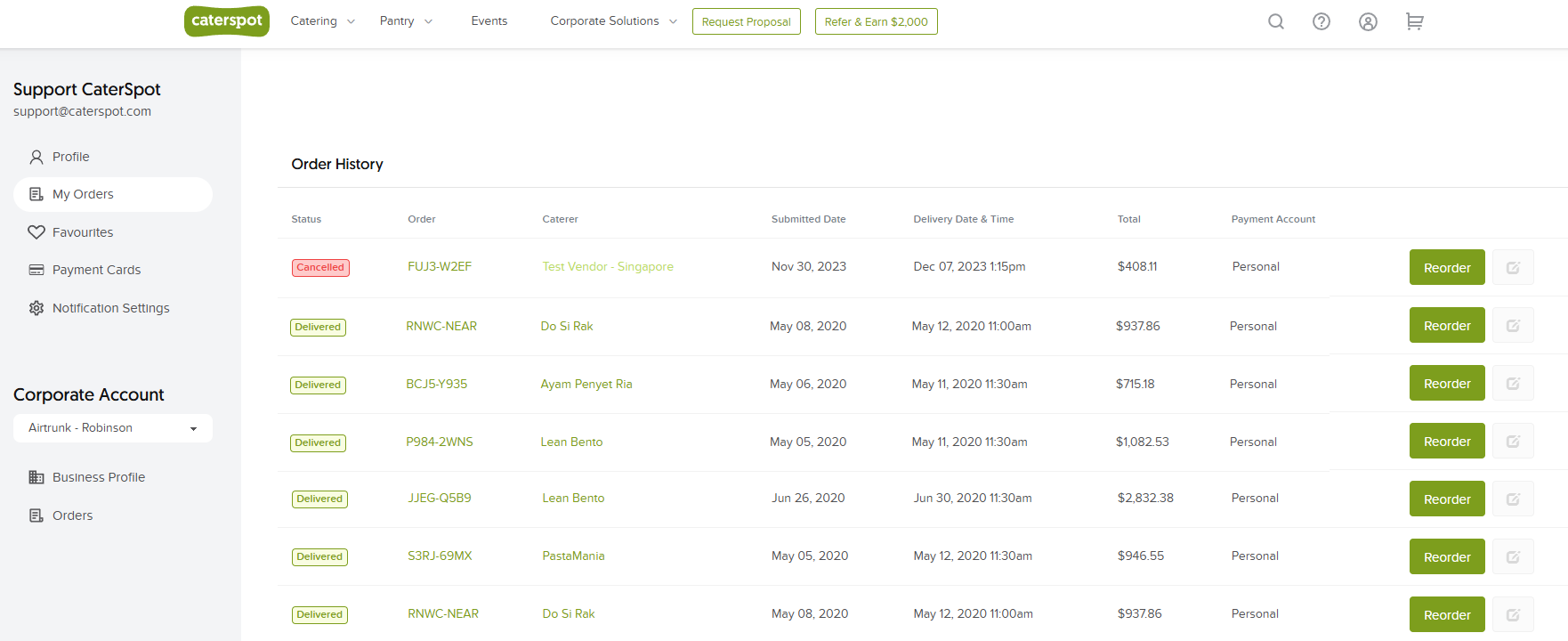 View Active and Past Orders on CaterSpot